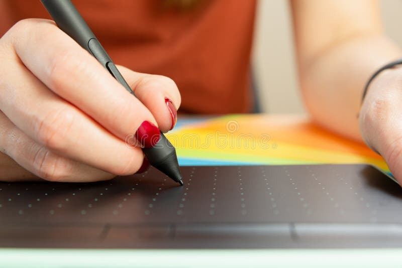 Beautiful Graphic Designer Drawing Digital Design on a Drawing Tablet ...