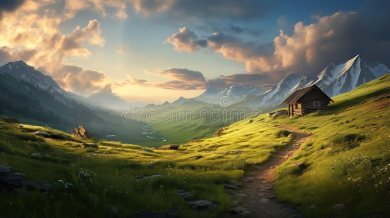 Beautiful Grassy Mountain Landscape, Mountain Cabin, Beautiful Lighting ...