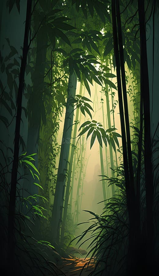 Beautiful Green Bamboo Forest in the Morning Mist. Vector Illustration ...