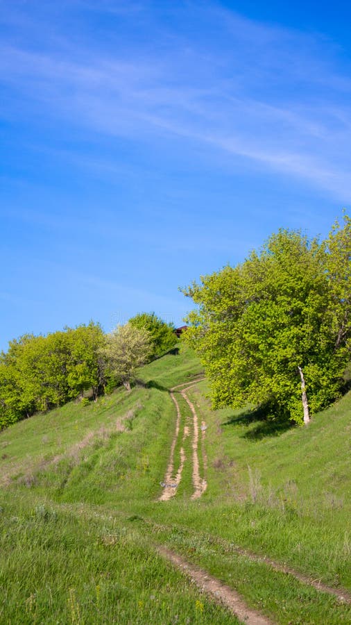 Beautiful Green Hill and Clear, Blue Sky. Path To the Top of the Hill ...