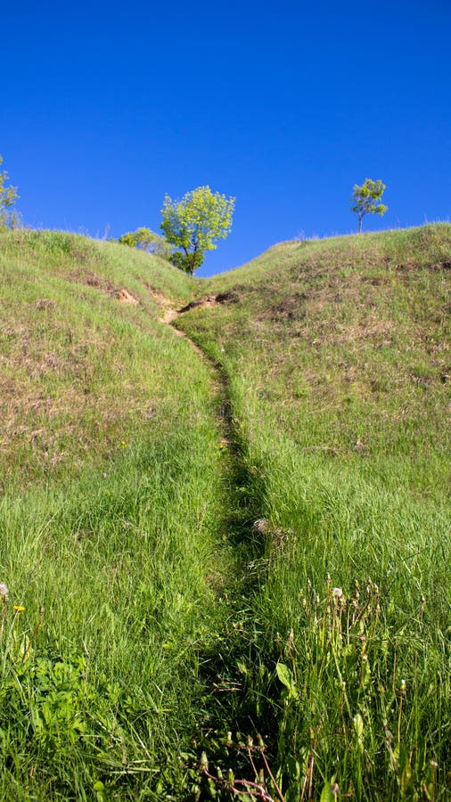 Beautiful Green Hill and Clear, Blue Sky. Path To the Top of the Hill ...