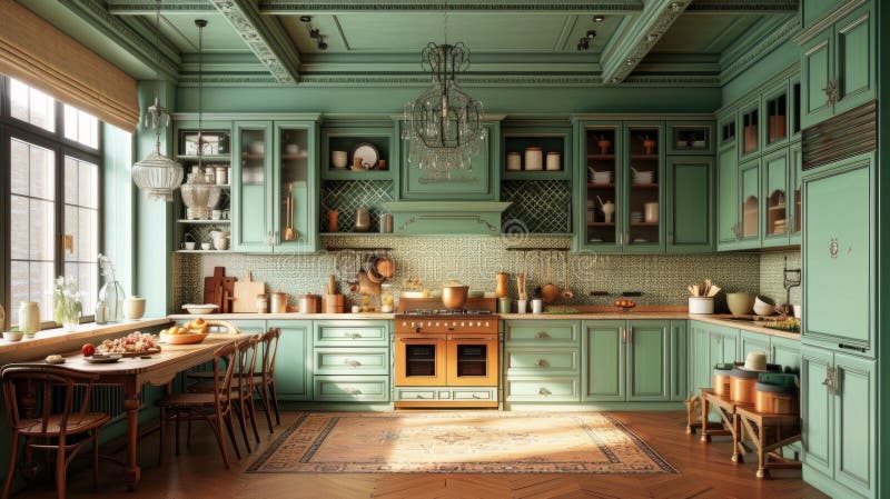 Beautiful Green Kitchen in a Classic Style Stock Photo - Image of ...