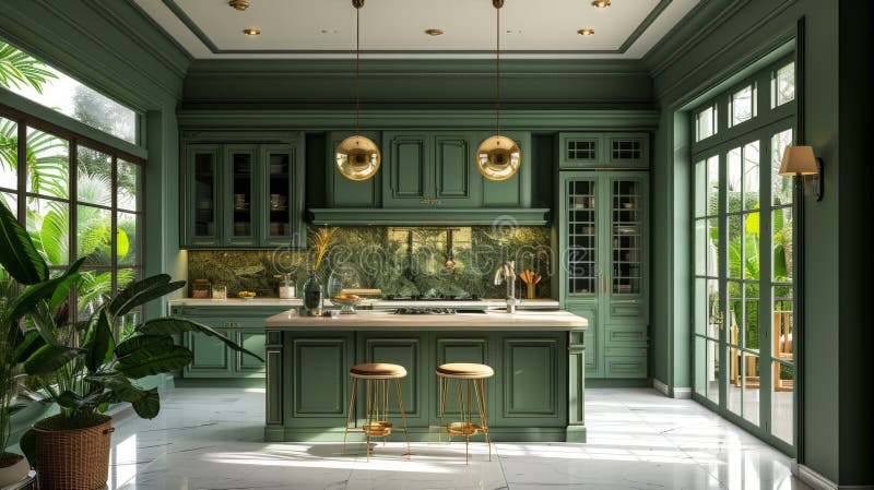 Beautiful Green Kitchen in a Classic Style Stock Photo - Image of ...