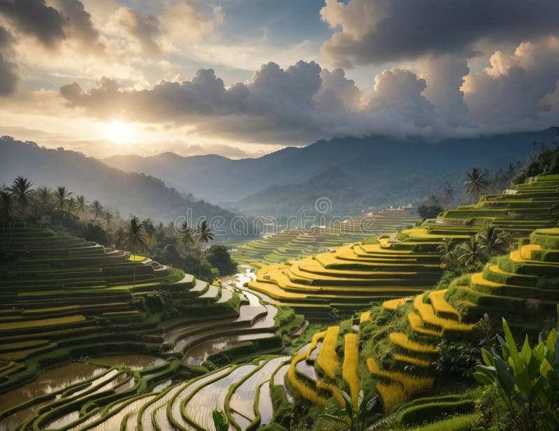 A Beautiful Green Moutain with Terraces Rice Fields Stock Illustration ...