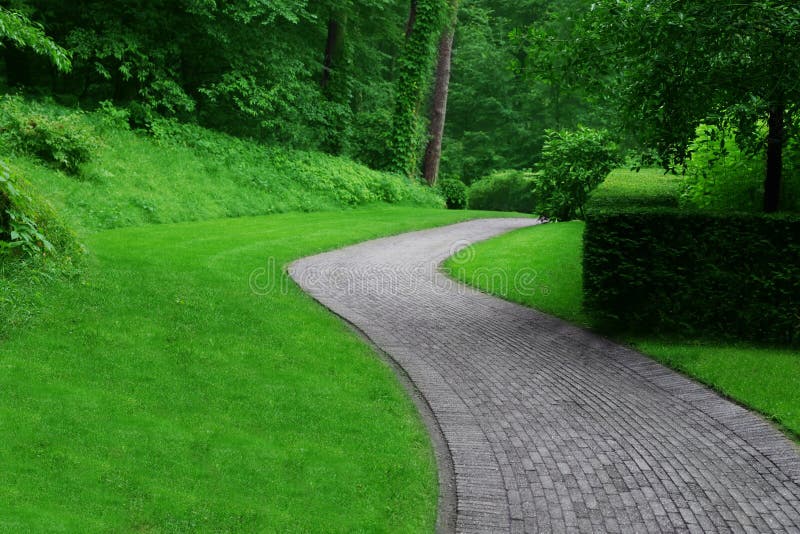 Beautiful Green Park with Paved Pathway. Landscape Design Stock Photo ...