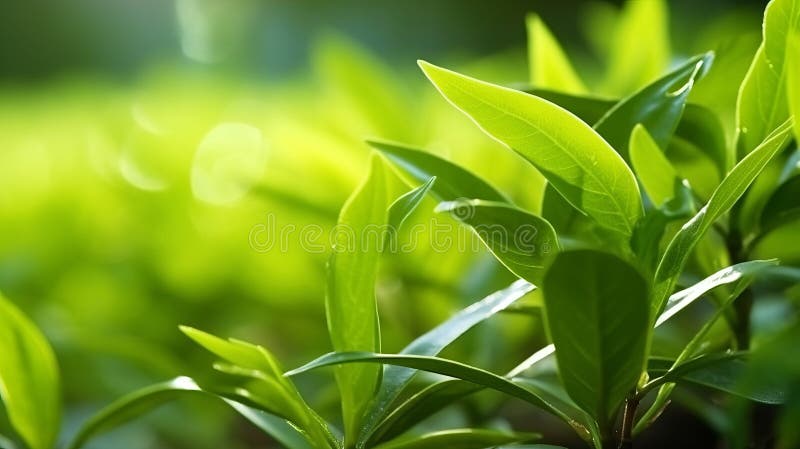 Beautiful Green Tea Leaves with Sunlight Close. Generative AI Stock ...