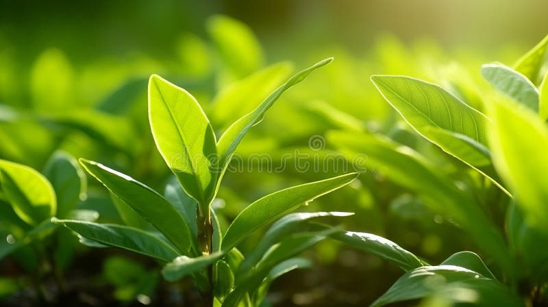 Beautiful Green Tea Leaves with Sunlight Close. Generative AI Stock ...