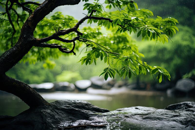 Beautiful Green Tree with Lake in Rainy Day Stock Image - Image of ...