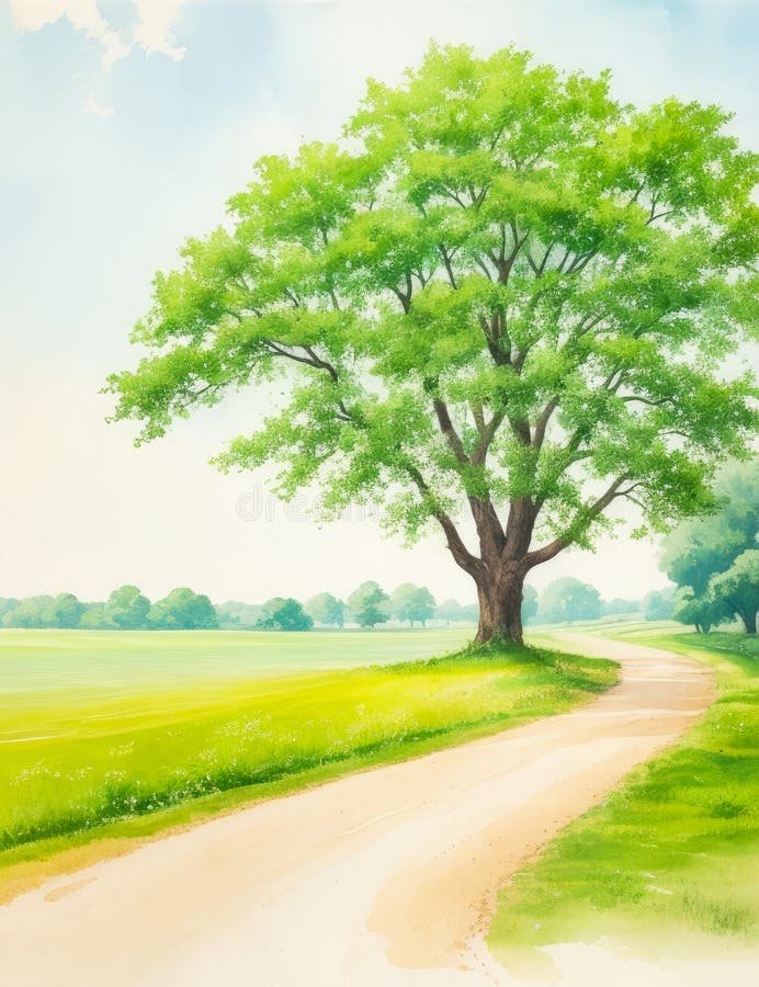 Beautiful Green Tree Watercolor Illustration Stock Image - Image of ...