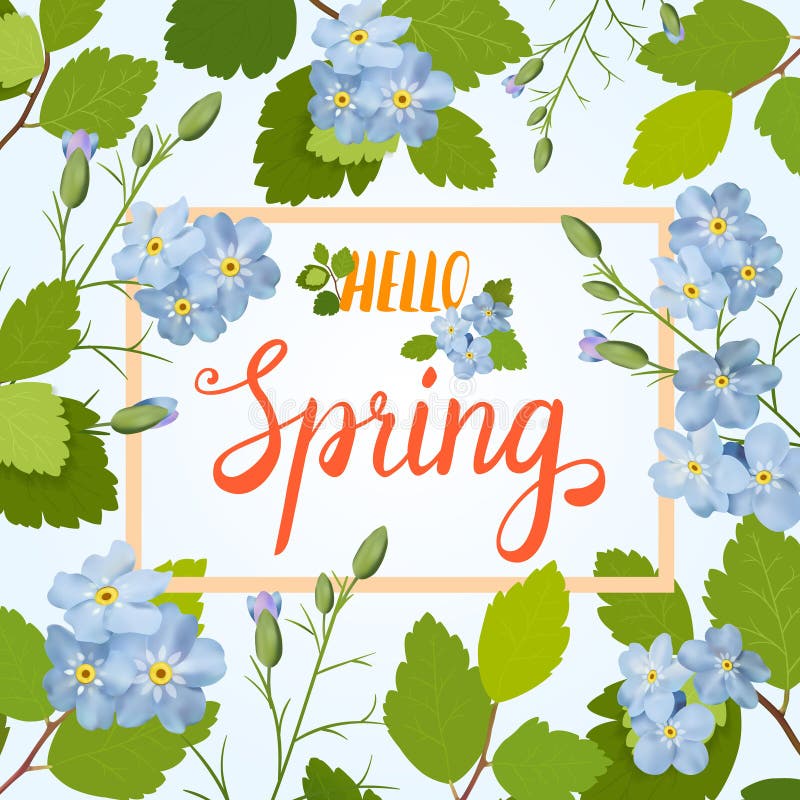 Beautiful Greeting Card with a Frame of Spring Blue Flowers and ...