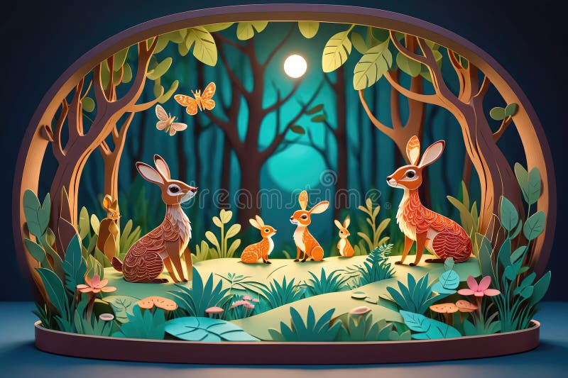 A Beautiful Group of Rabbits in a Lush Forest at Night Under the ...