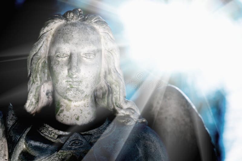 Beautiful Guardian Angel in Sun Rays. Bery Ancient Stone Statue Stock ...