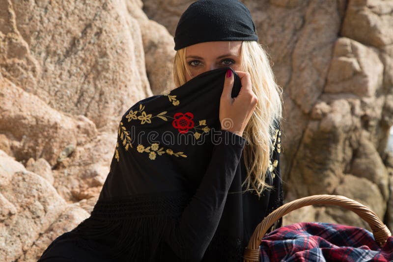 Beautiful gypsy from Andalusia, Young gypsy on the rocky beach model