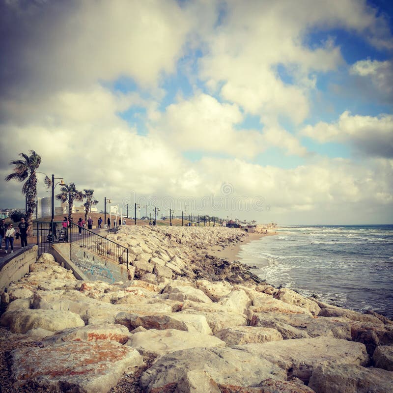 Haifa Bay Beach at sunset stock image. Image of cloudy - 160172101