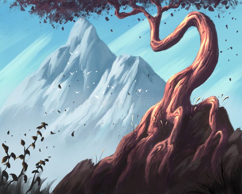 Curved Tree and Blue Mountains Stock Illustration - Illustration of ...