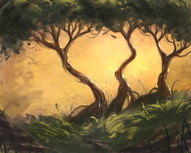 Trees in the Dark Forest Colourfull Drawing Stock Illustration ...