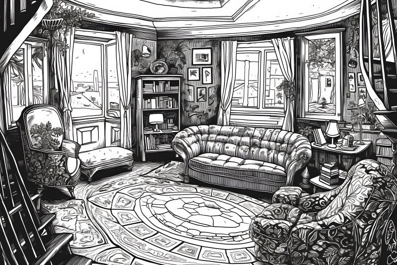Beautiful Hand Drawn Inking Illustration of a Living Room. Generative ...