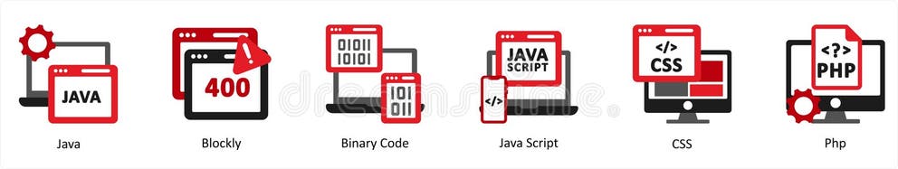 Six Technology Red and Black Icons As Java, Blockly, Binary Code Stock ...