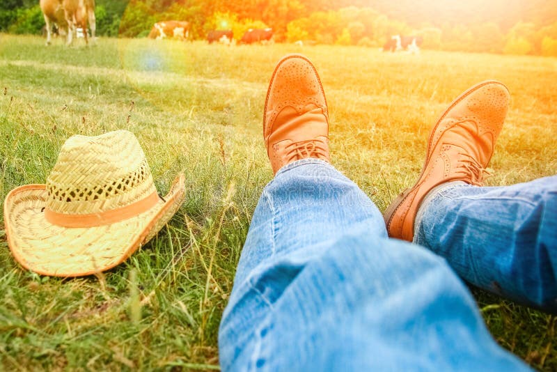 Beautiful Hands of a Cowboy`s Legs in the Park on Nature Stock Image ...