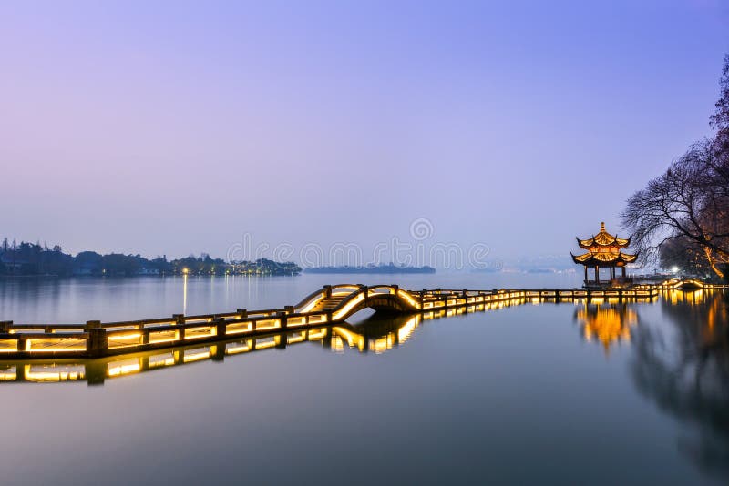 Beautiful Hangzhou in Sunset and Ancient Pavilion Stock Image - Image ...