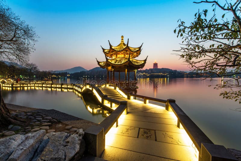 Beautiful Hangzhou in Sunset and Ancient Pavilion Stock Image - Image ...