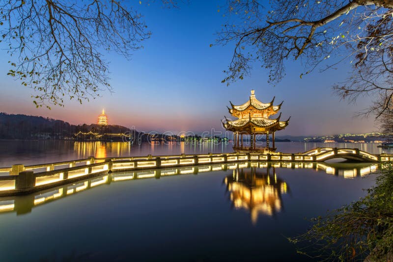 Beautiful Hangzhou in Sunset and Ancient Pavilion Stock Image - Image ...