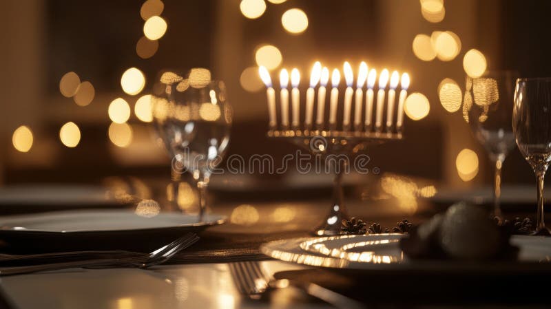 Beautiful Hanukkah Table Setting with Menorah, Silverware, and Warm ...