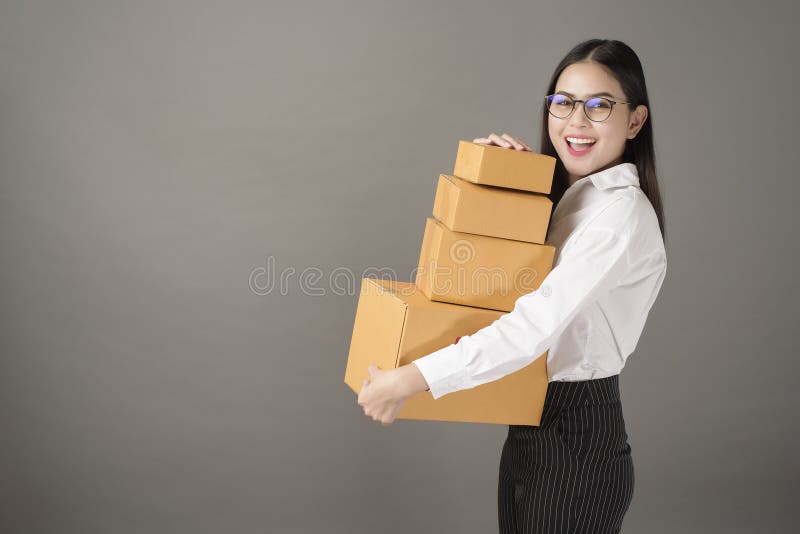 Beautiful Happiness Woman with Box Portrait in Studio Stock Photo ...