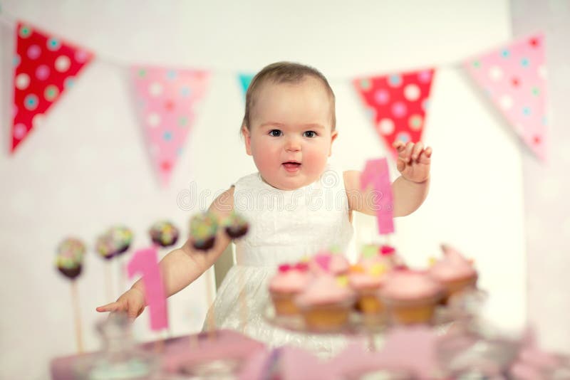 Beautiful Happy Baby on First Birthday Stock Image - Image of cupcake ...