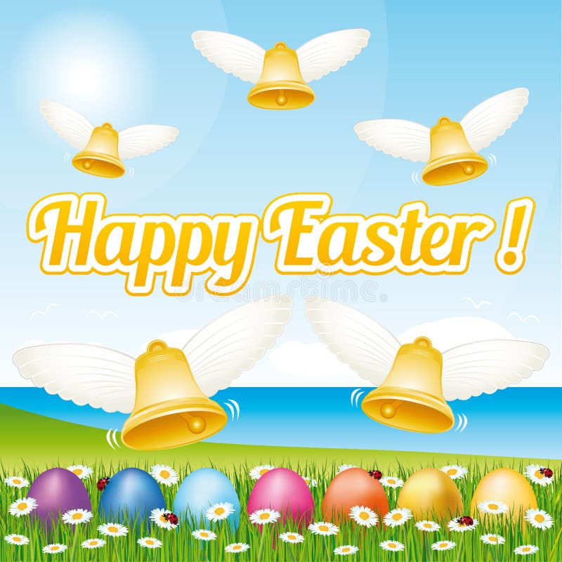 Beautiful Happy Easter Greeting Card with Easter Eggs and Bells. Stock ...