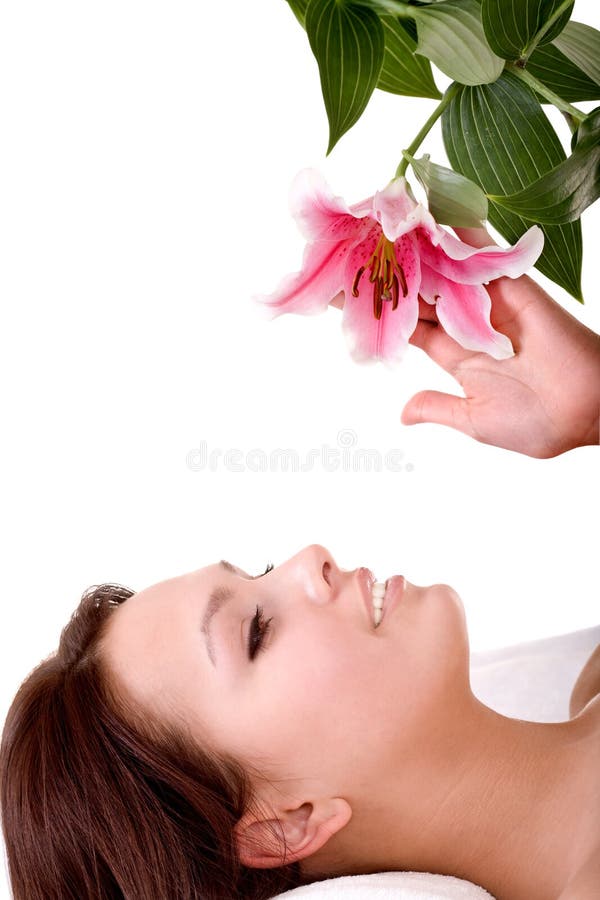 Beautiful Happy Girl with Flower in Spa. Stock Photo - Image of care ...