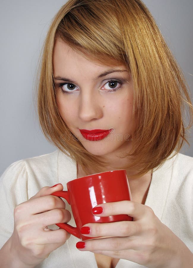 Beautiful Happy Girl with a Red Cup Stock Image - Image of female, lips ...