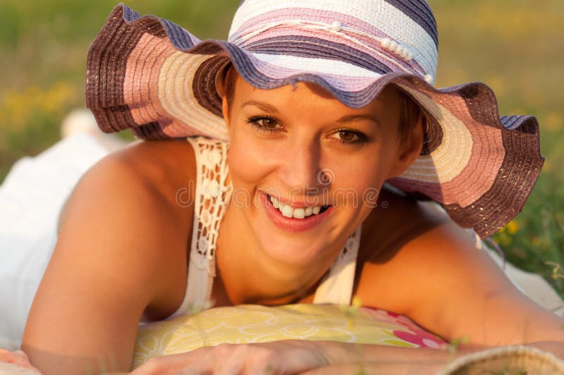 Beautiful Happy Lady Lying on the Meadow Stock Image - Image of ...