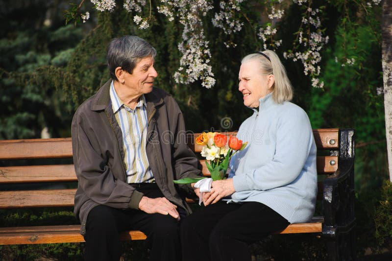 Beautiful Happy Old People Walking in the Spring Park Stock Photo ...