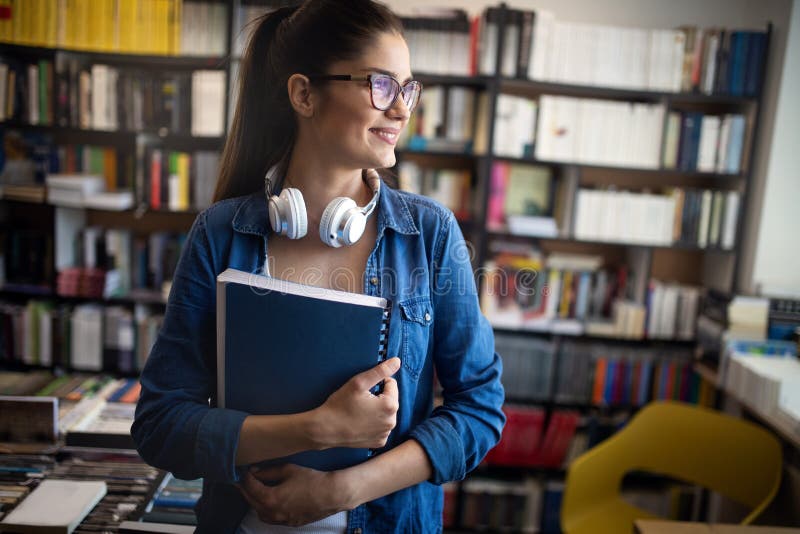 Beautiful Happy Student Woman Studying in Library Stock Image - Image ...