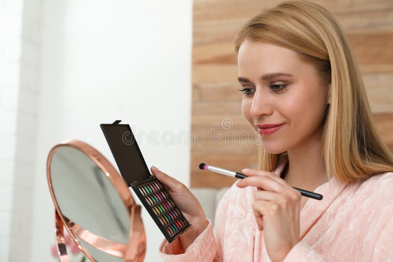 Beautiful Happy Woman Applying Makeup Stock Photo - Image of feminine ...