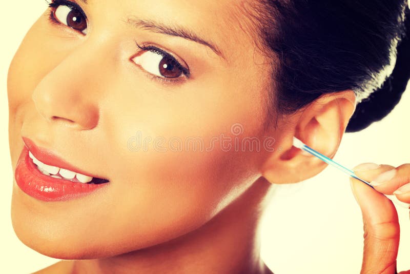 Beautiful, Happy Woman Cleans Her Ear Stock Image - Image of ...