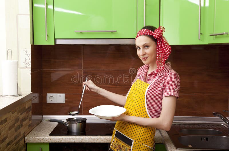 Beautiful Happy Woman in Kitchen Interior Cooking Stock Image - Image ...