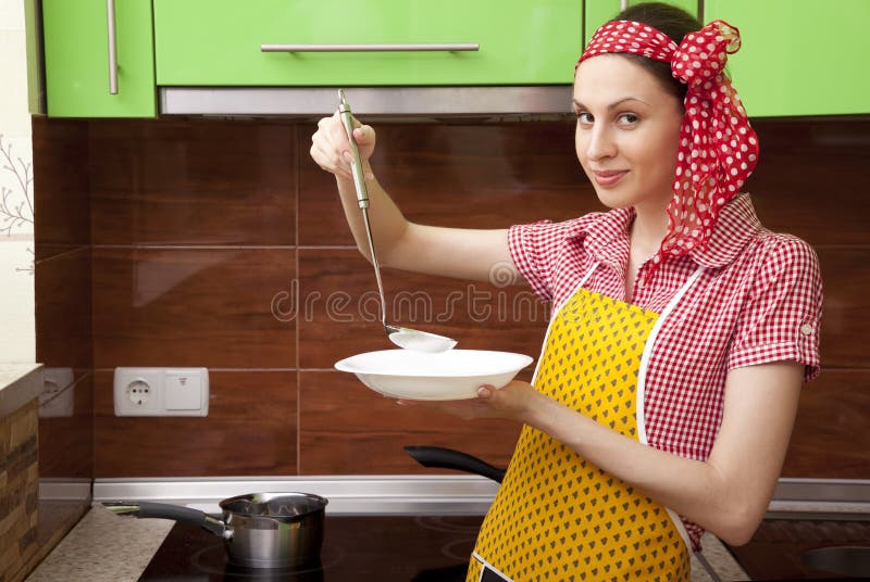Beautiful Happy Woman in Kitchen Interior Cooking Stock Image - Image ...