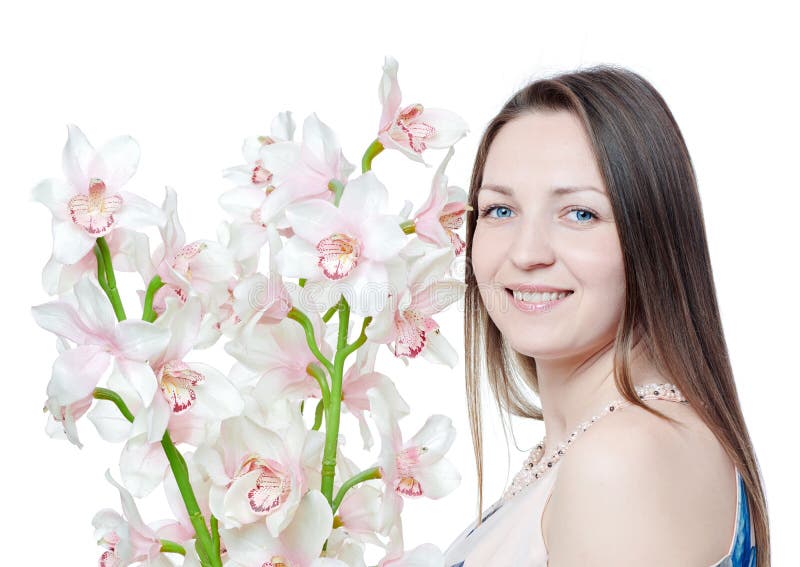 Beautiful Happy Woman With Orchid Flower Over White Background Stock