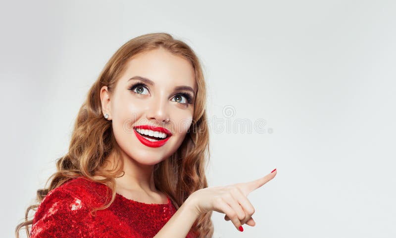 Beautiful Happy Woman Pointing on Copy Space on White Background Stock ...