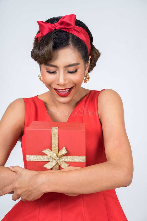 Beautiful Happy Woman with Surprise Gift Box Stock Image - Image of ...