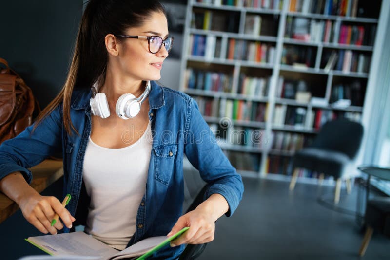 Beautiful Happy Student Woman Studying in Library Stock Image - Image ...