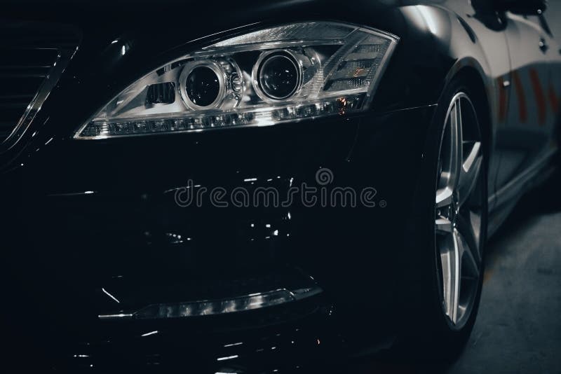 Beautiful Headlights of a Black Car Stock Image - Image of street ...