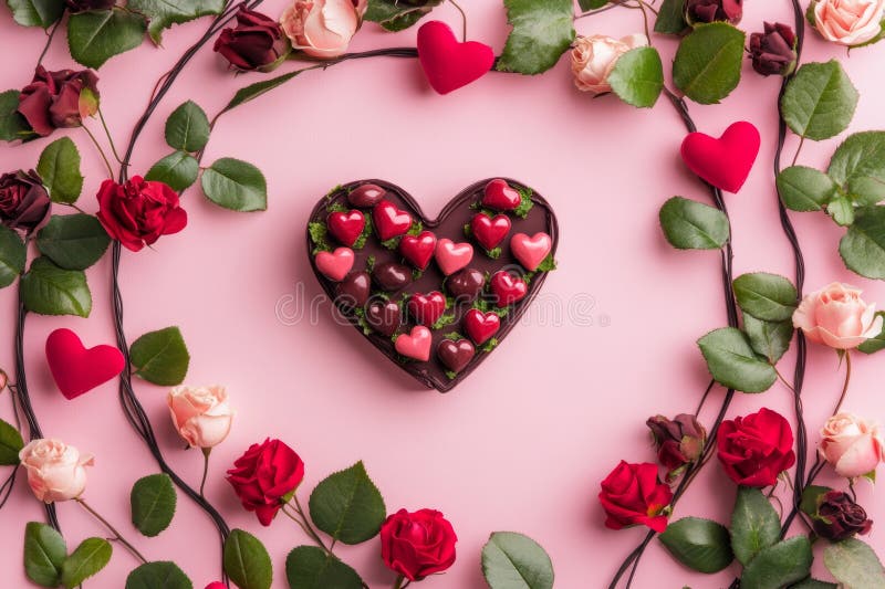 Romantic Heart Shaped Box Filled Assorted Chocolates Accompanied Roses ...