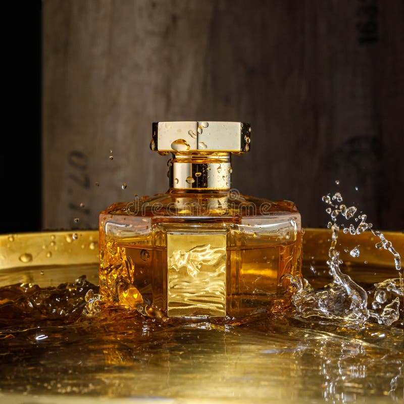 Beautiful Hexagonal Bottle of Perfume. Golden Water Background Stock ...