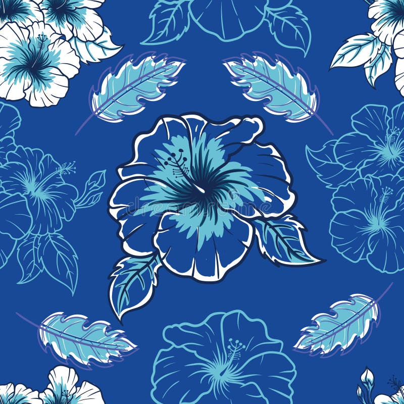 Beautiful Hibiscus Hawaii Seamless Pattern Vector Blue Background Stock ...