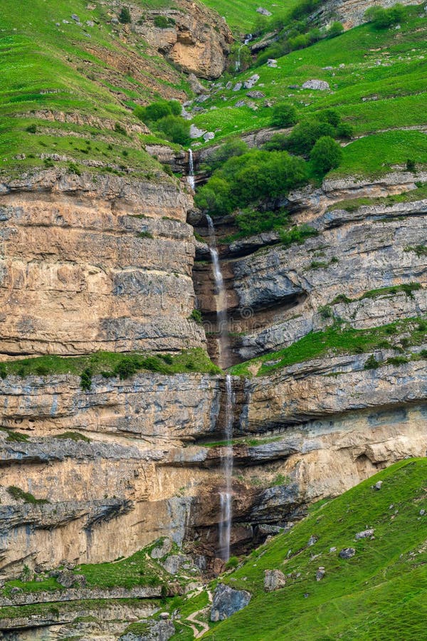 Beautiful High Waterfall in the Mountains Stock Image - Image of ...
