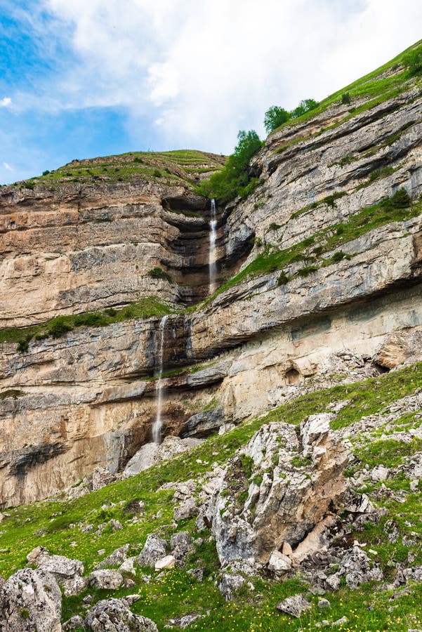 Beautiful High Waterfall in the Mountains Stock Image - Image of ...