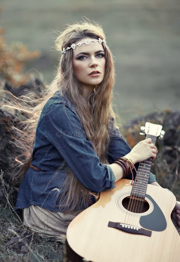 Beautiful Hippie Girl With Guitar Stock Image Image Of Guitar Happy